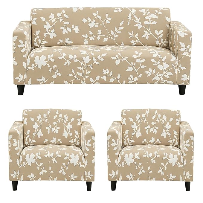 Universal 3 Piece Sofa Covers (3+1+1 Seater, Cream/White Flower ...